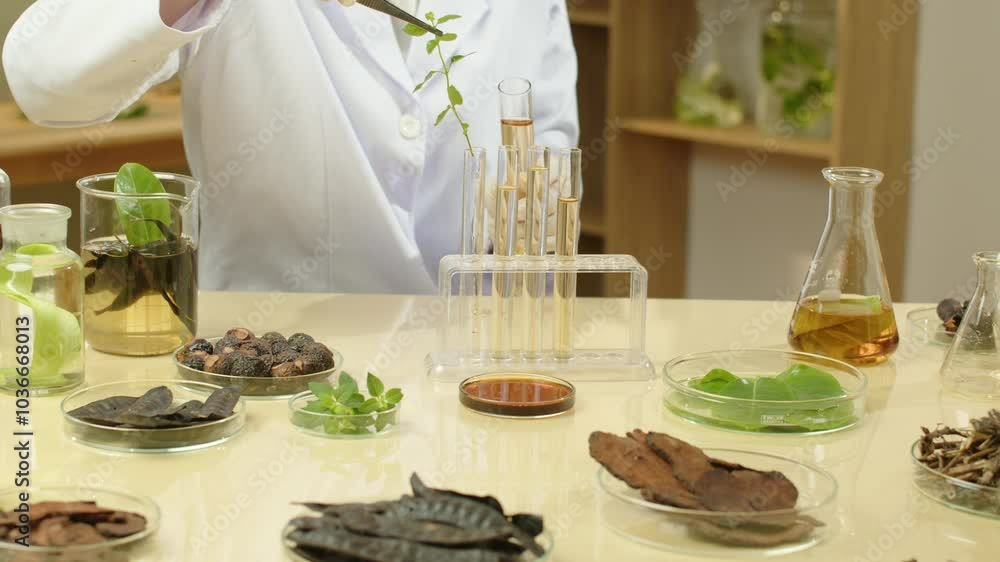 The scientist picks up a fresh basil branch soaked in solution from a ...