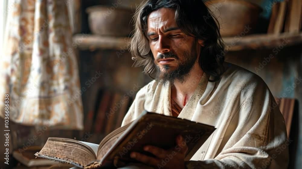 Jesus Christ holding a Bible, reading from the scriptures with deep ...