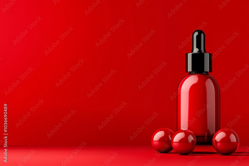 Bottle of red liquid is on a red background. The bottle is surrounded ...