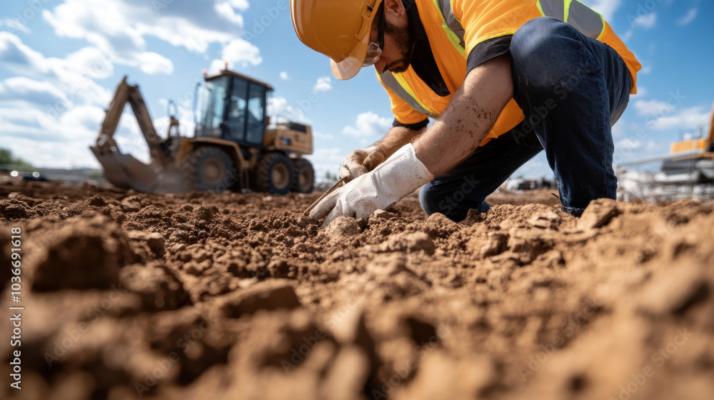Geotechnical engineer conducting soil analysis at construction site ...