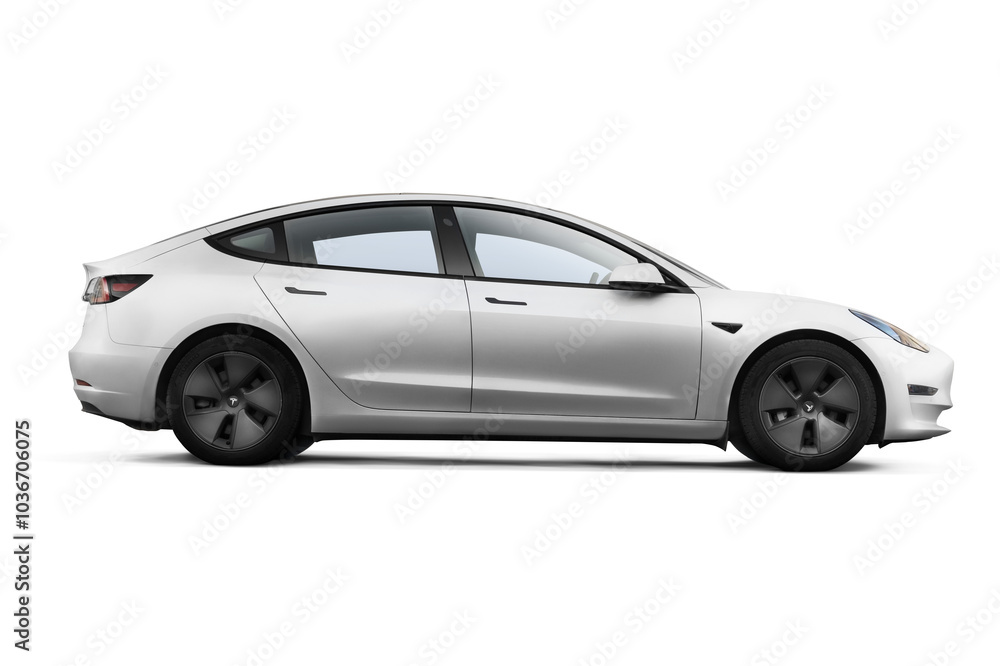 Side view of a white Tesla Model 3 photographed on a clean transparent ...