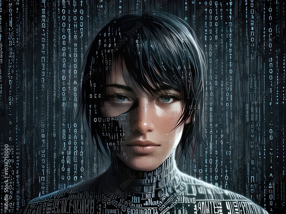 black and white portrait of a woman's face with mosaic of different ...