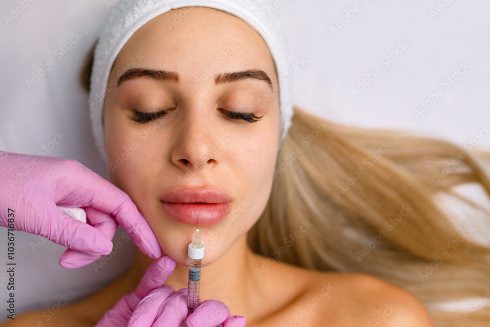 Injection procedure for lip augmentation, close-up. The cosmetologist ...