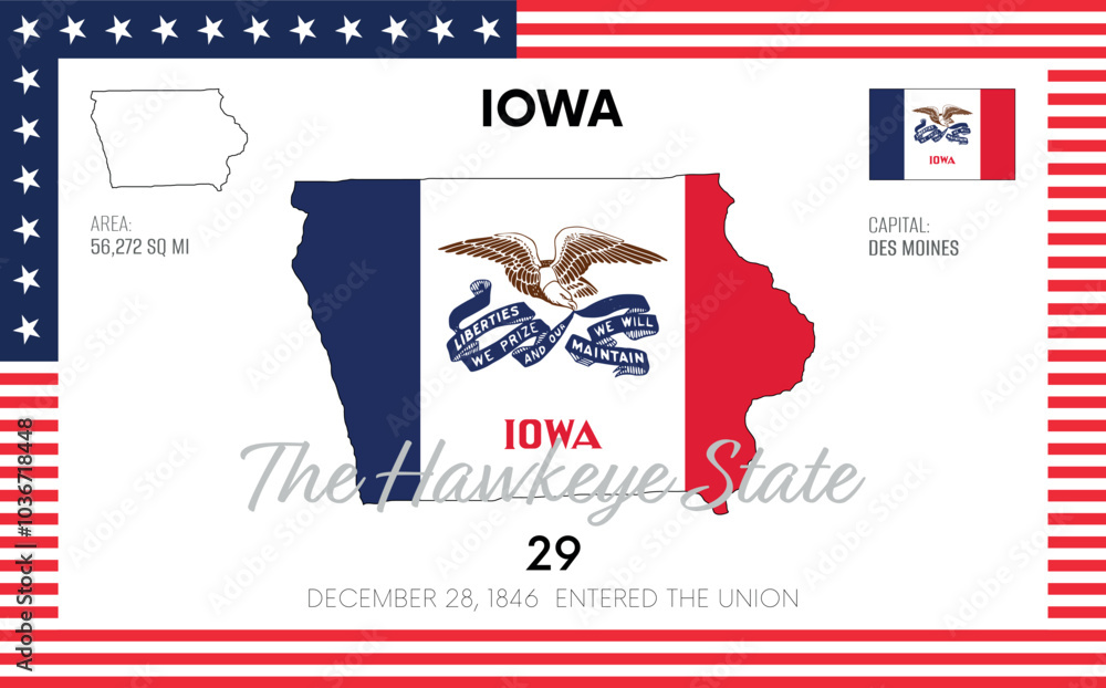 Vector poster background of the US state of Iowa, with name, map, state ...