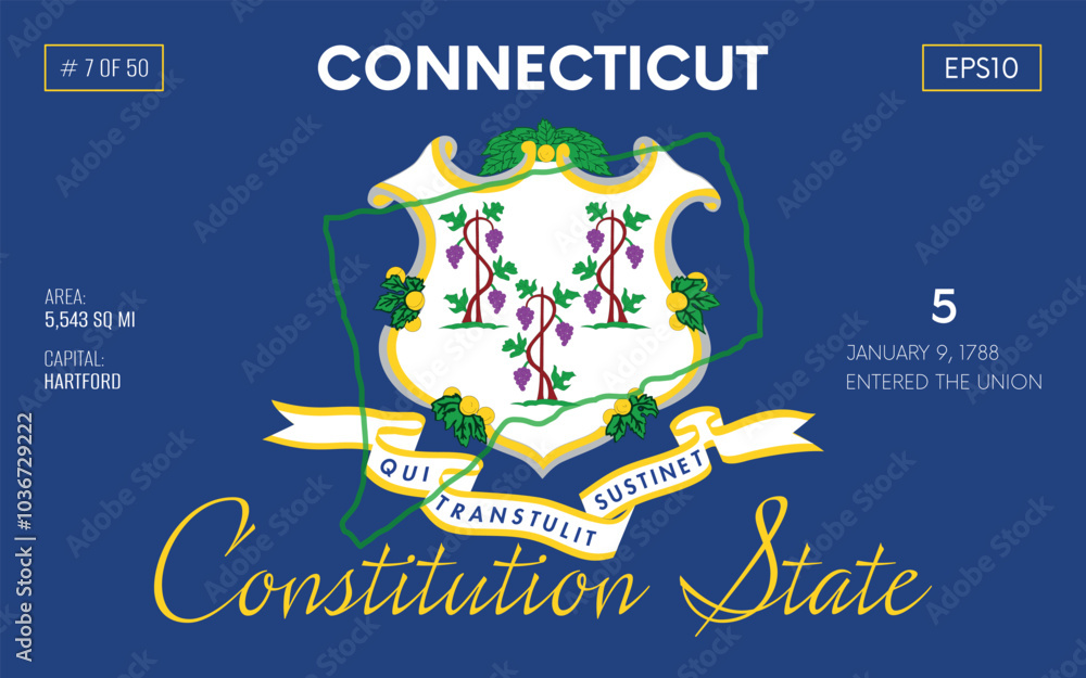 Vector poster background of the US state of Connecticut, with name, map ...