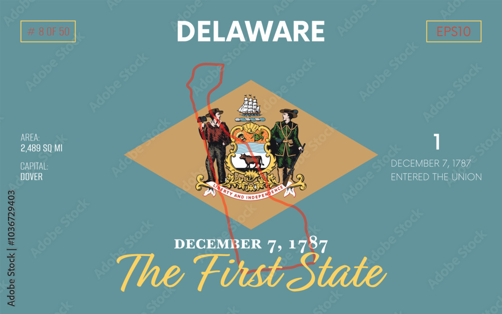 Vector poster background of the US state of Delaware, with name, map ...