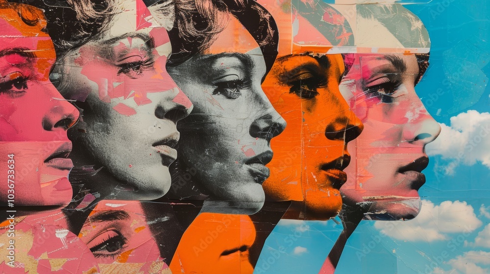 Artistic collage featuring a womans face crafted from paper ...
