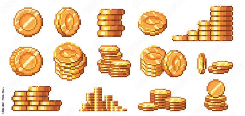 Pixel art golden coins. Retro 8bit gold coin stacks and piles, digital ...