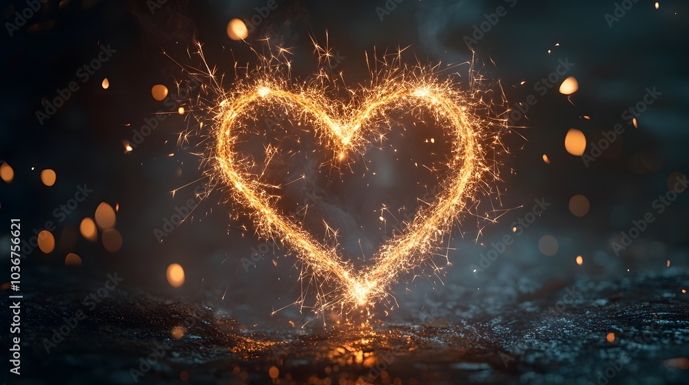 Heart-shaped sparkler trails forming a glowing heart: 3D rendering of ...