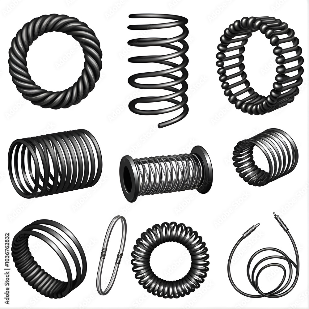Metal spring set. A twisted spiral, elongated compressed semicircular ...