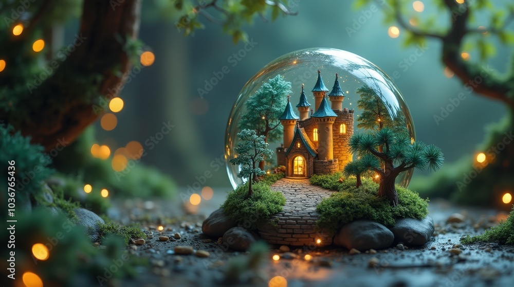 A glass marble with a tiny fairy tale castle surrounded by miniature ...