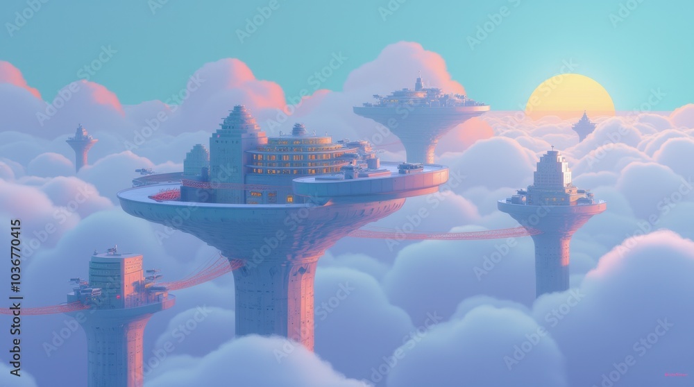 A futuristic city built on massive floating platforms high above the ...