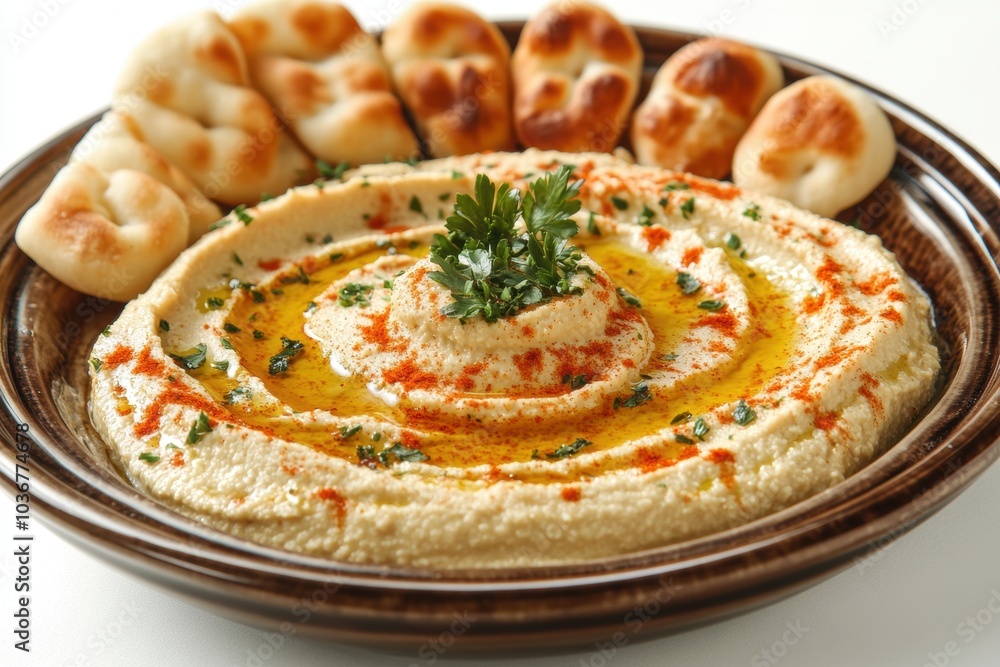 food photography, traditional hummus garnished with olive oil, paprika ...