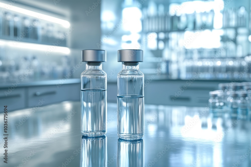 Clear glass vials filled with liquid stand prominently in a modern ...