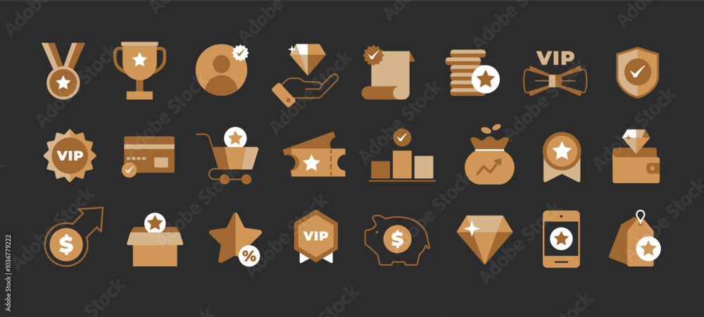 Reward program icons. Golden medals, trophies and loyalty rewards ...