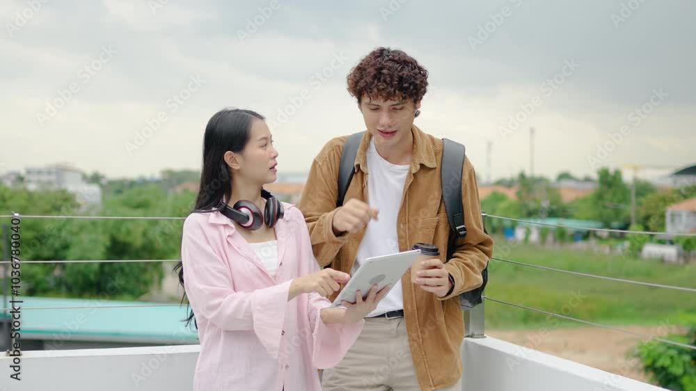 Two smart young Asian college students focusing on his school project ...