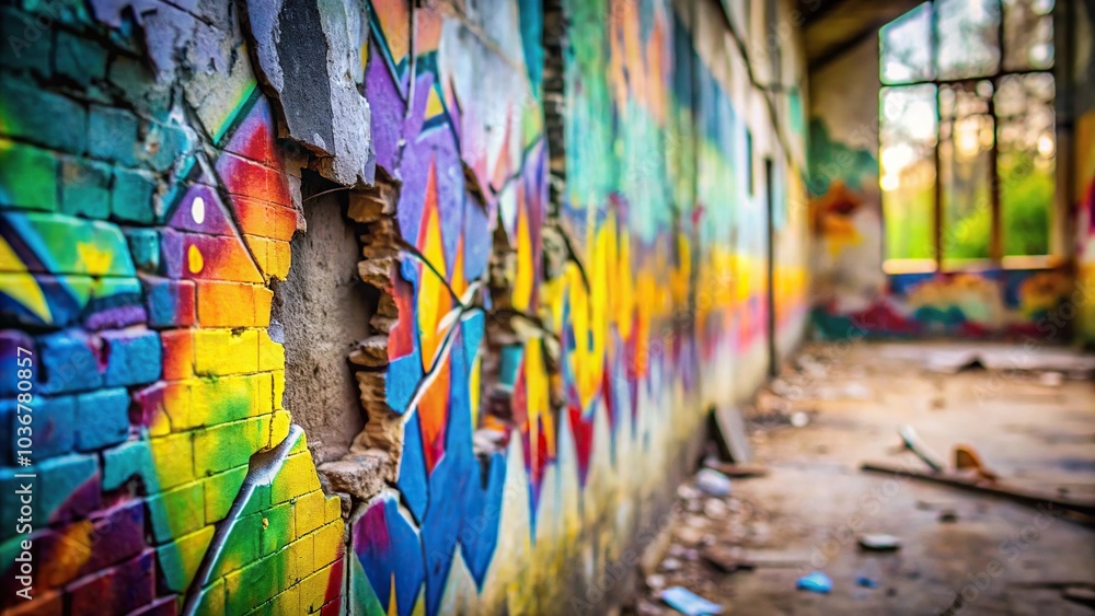 Cracked wall with graffiti and paint splatter in depth of field Stock ...