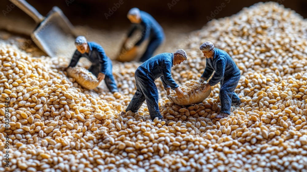 Miniature figurines of workers in blue overalls laboriously move sacks ...