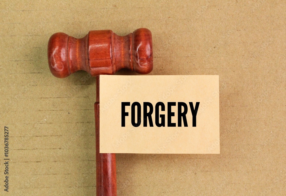 judge's hammer and paper with the word forgery. document, signature, or ...