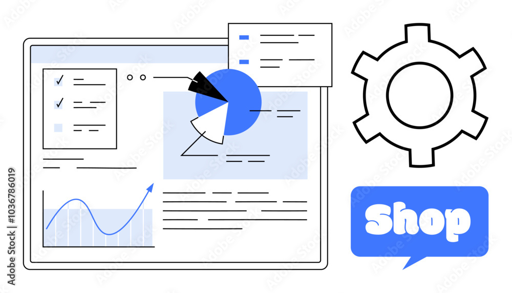 Digital dashboard with charts and graphs, pie chart, settings gear, and shop icon in light blue ...