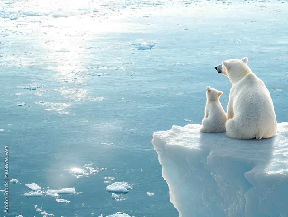 Polar Bear and Cub on Shrinking Arctic Ice Floe Highlighting Impact of ...