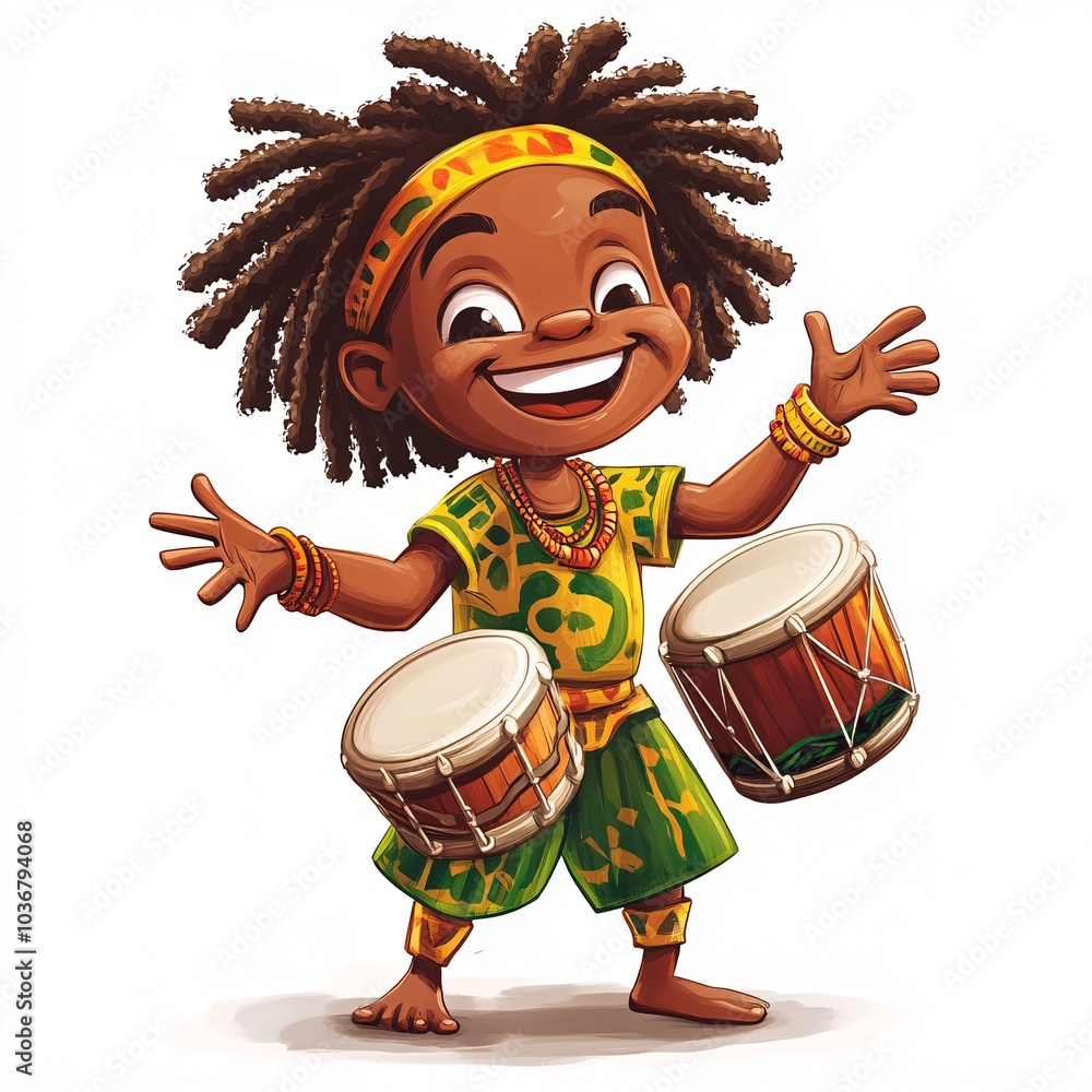 Cartoon boy in a Belizean Garifuna outfit, playing drums with a big ...