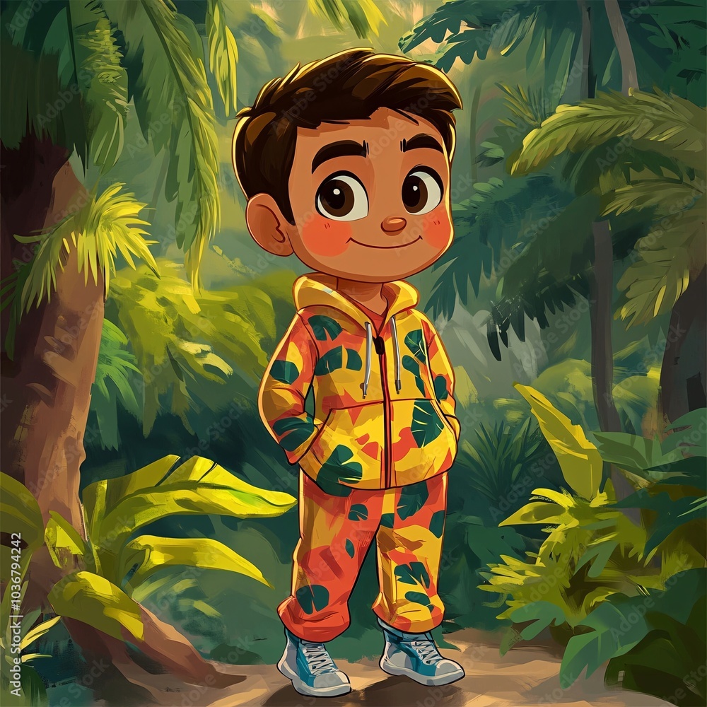 Cartoon boy in a Venezuelan liqui liqui suit, standing by tropical ...
