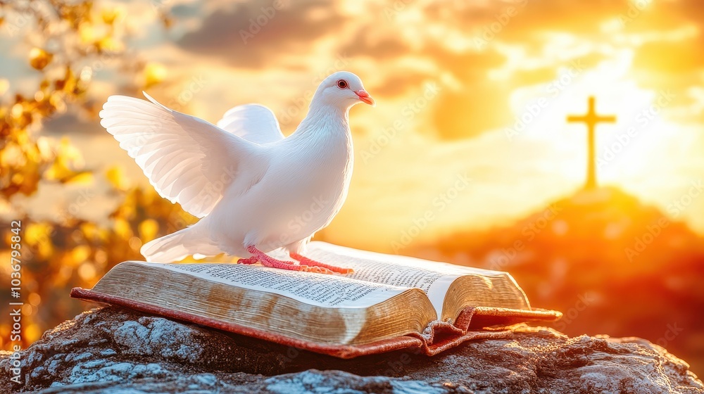 White dove landing on open bible with cross and tomb in background ...