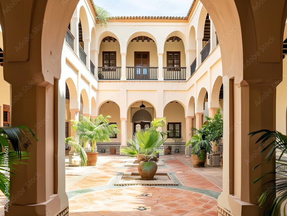 Beautiful Courtyard with Arched Entryways and Palm Trees Stock Photo ...
