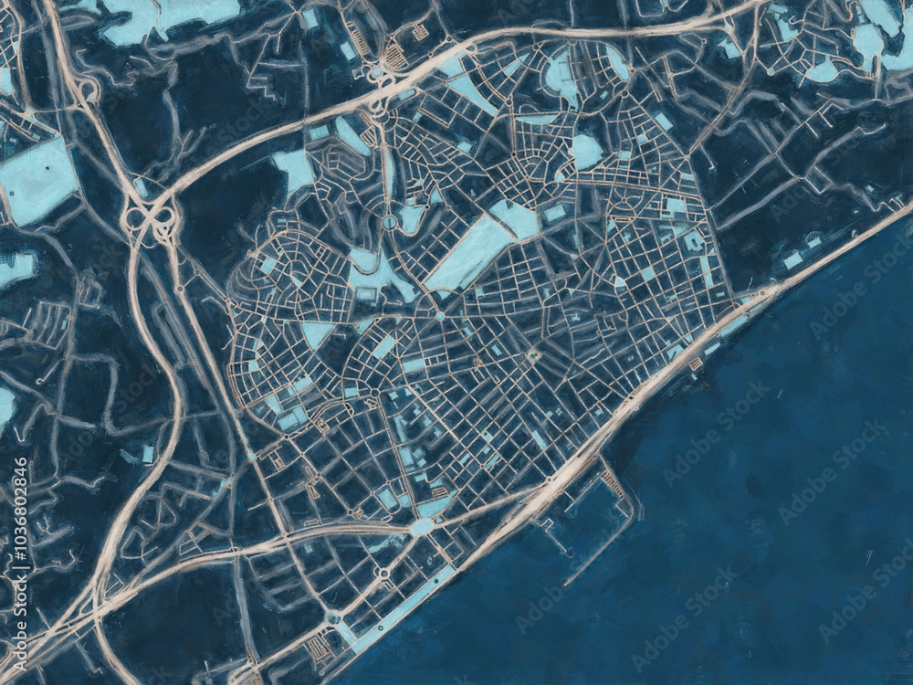 Painterly Style City Map of Mataro, Spain in a Blue Color Scheme. Stock ...