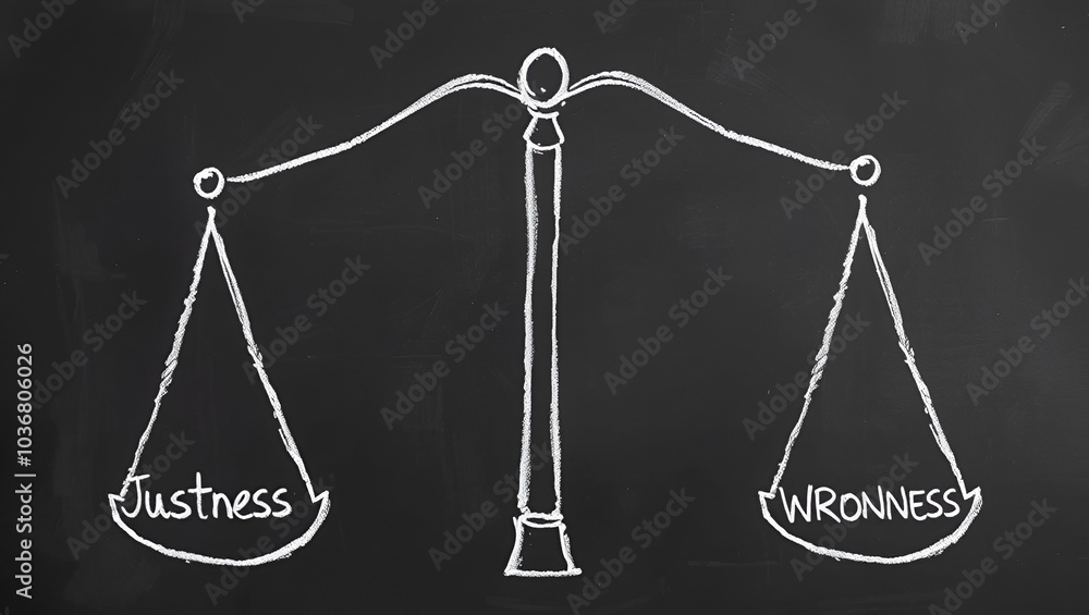 Chalk drawing of scales with words justness and wrongness. Concept of ...