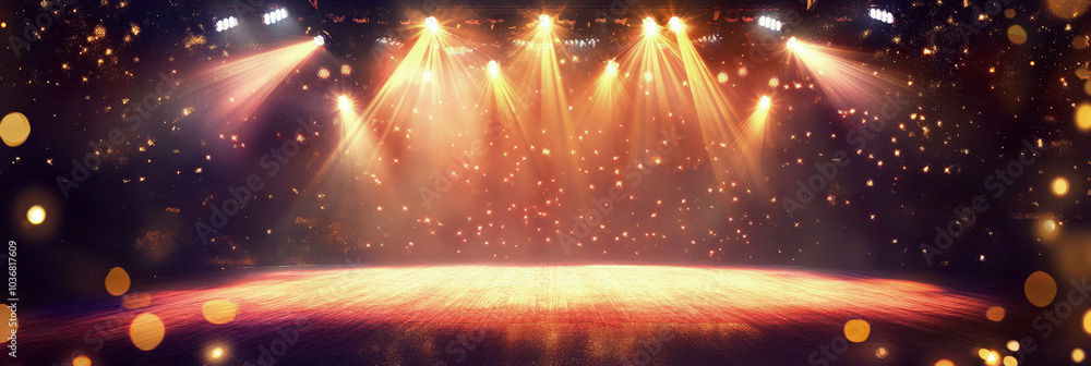A brightly lit stage with golden spotlights and a sparkling background ...