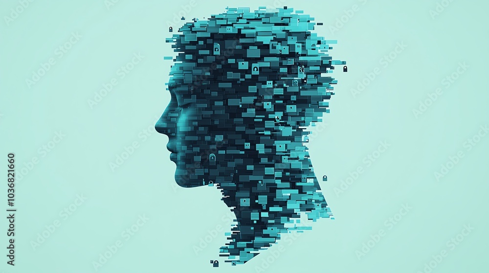 A futuristic human figure made of pixels with pieces of personal data ...