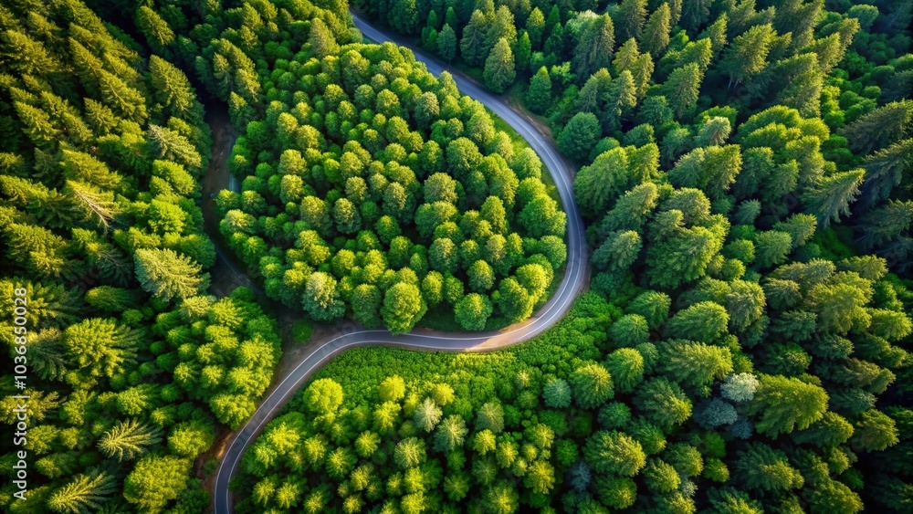 Aerial view of a winding green forest path symbolizing a sustainable ...