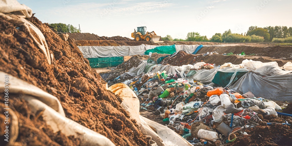 Landfill Waste and Bulldozer. A landfill site filled with piles of ...