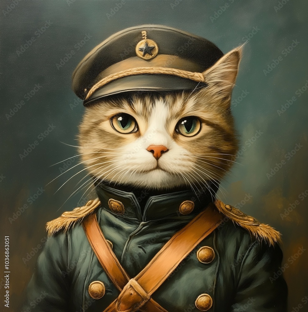 Cat in classic military uniform with star emblem hat, anthropomorphic ...