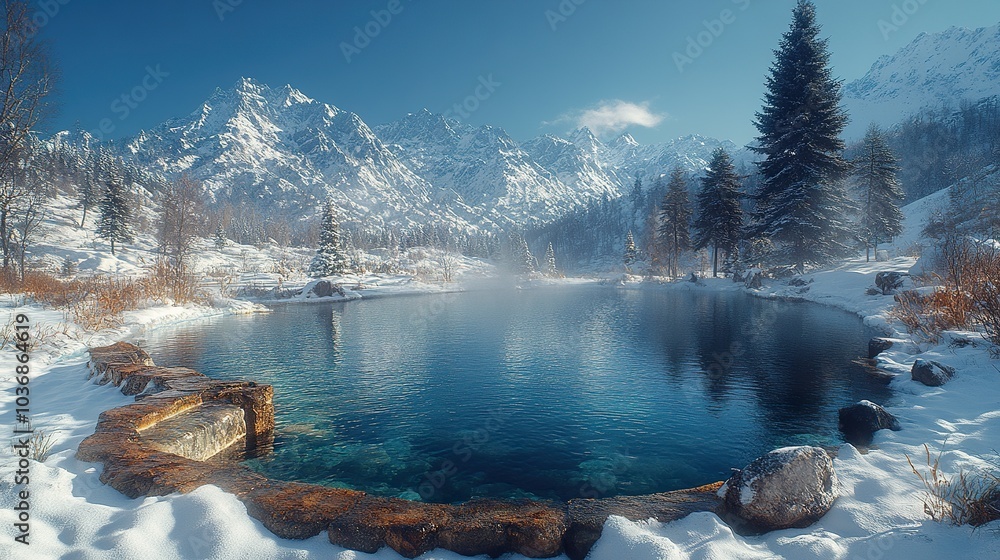 Tranquil Hot Spring Nestled Amidst Snowy Mountains: Escape to a Serene ...