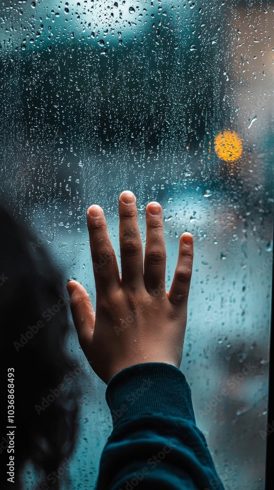 A person standing by a rainy window, their hand pressed against the ...