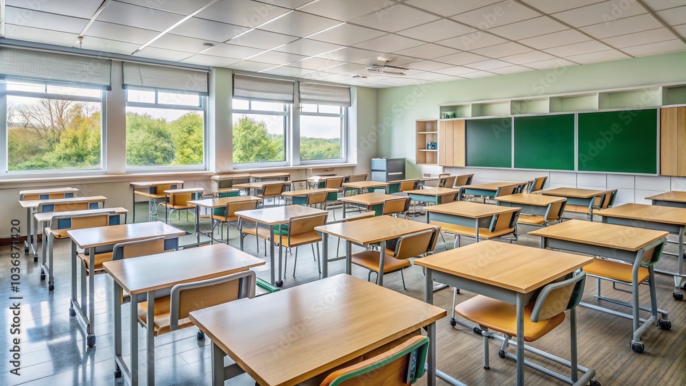 Clean and tidy high school classroom with desks, chairs, and blackboard ...