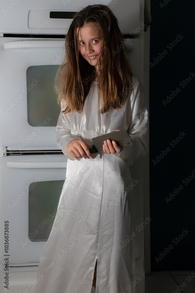 One Teenage Girl Looking Murderous Wearing Halloween Costume in Kitchen ...