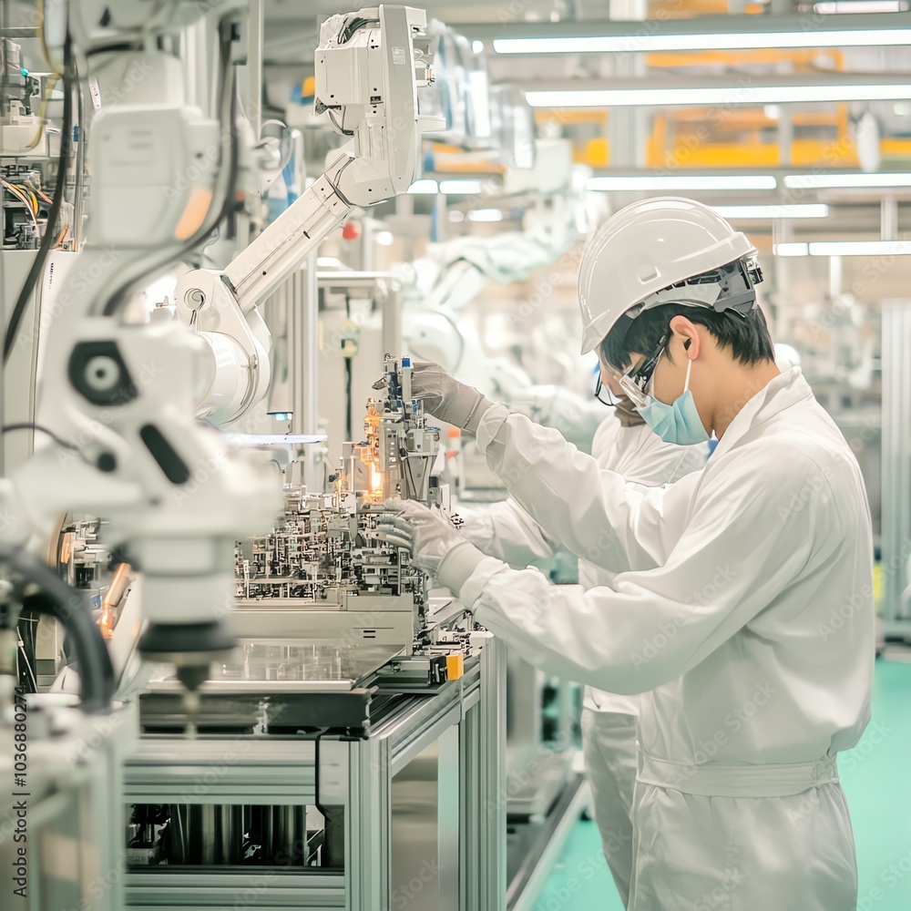 Factory worker in white uniform operates a robotic arm on a production ...