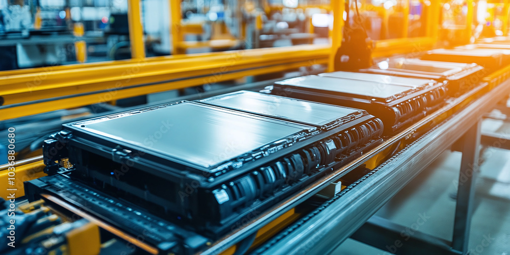 Description: A close-up view of a manufacturing line mass-producing batteries. The industrial ...
