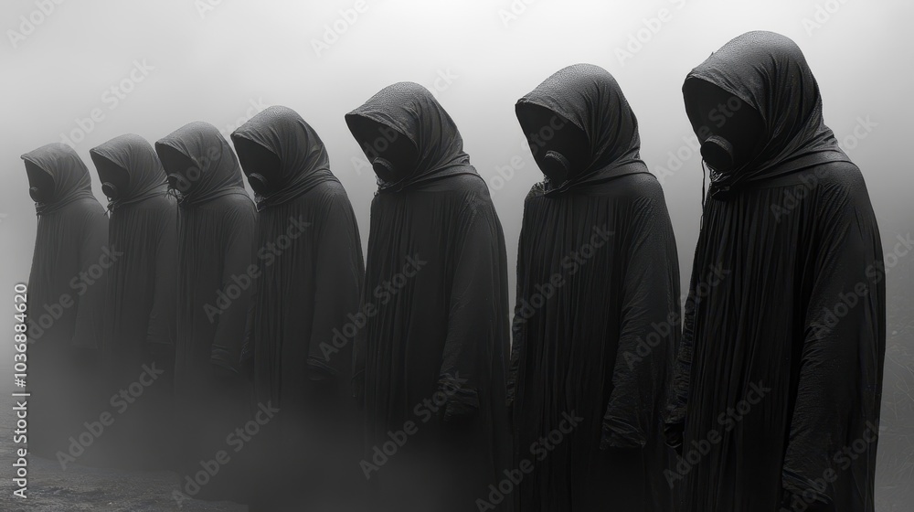 A group of people wearing hooded robes are lined up in a row. The image ...