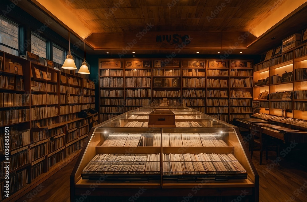 Cozy retro record shop interior with floor-to-ceiling wooden shelves ...