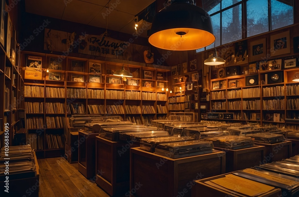 Cozy retro record shop interior with floor-to-ceiling wooden shelves ...