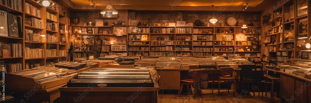 Cozy retro record shop interior with floor-to-ceiling wooden shelves ...