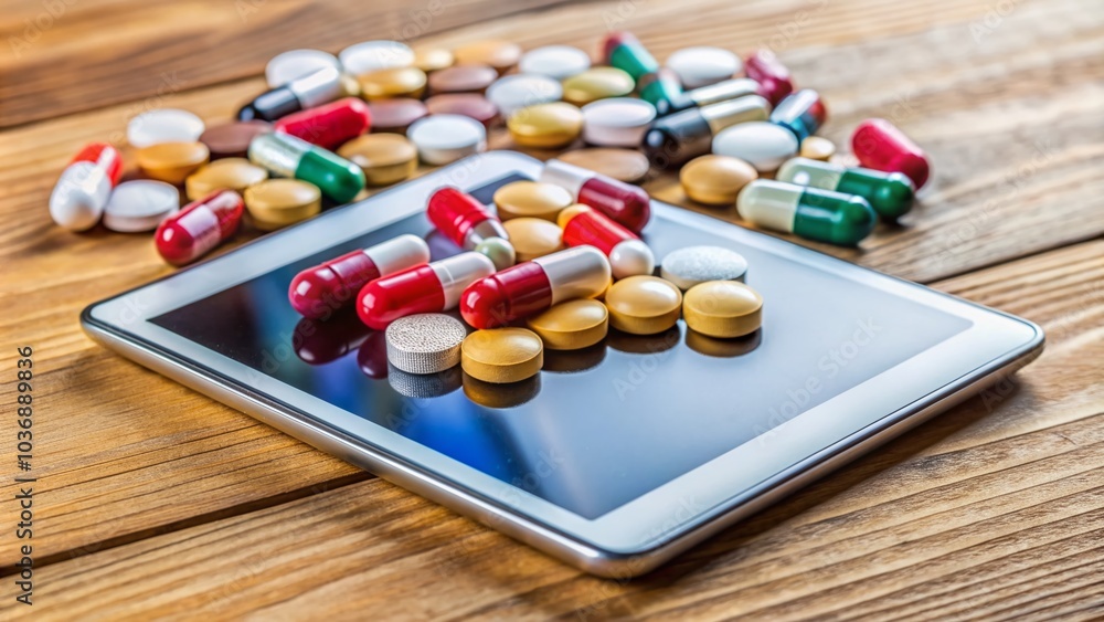 Arranged tablets and pills on a calm wooden surface, highlighting ...