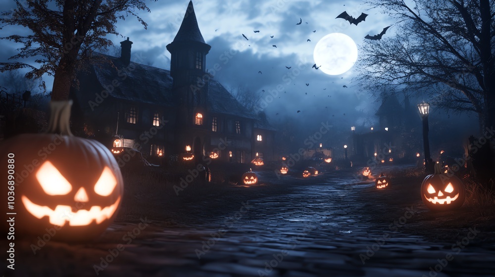 Spooky Halloween night scene with glowing jack-o'-lanterns lining a dark path under a full moon ...