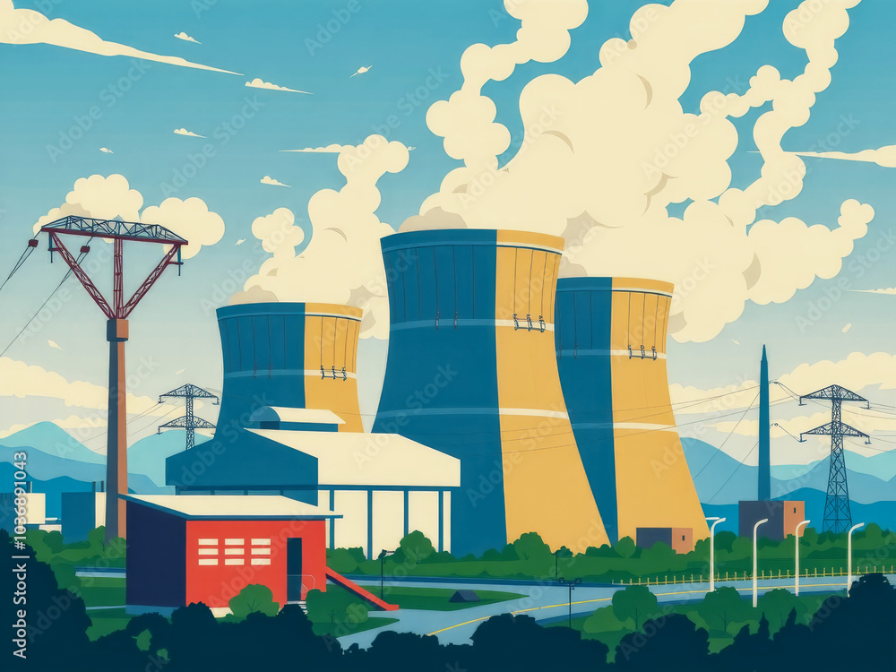 A cartoon drawing of a power plant with three large towers and a red ...