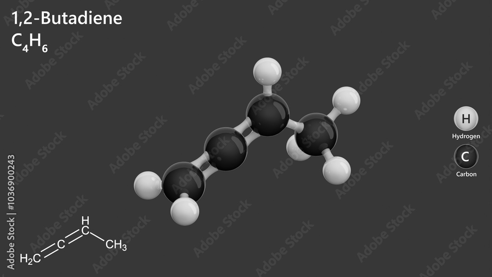 Molecule of 1,2-Butadiene (C4H6) is a colorless gas. It is used in the ...